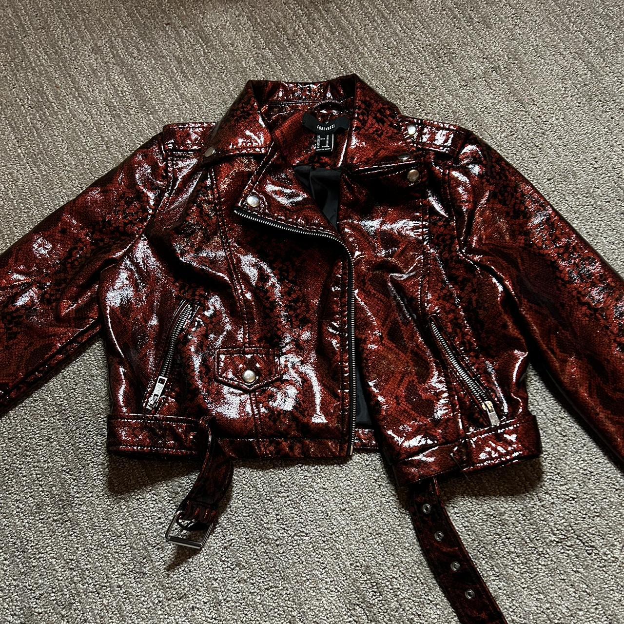Shiny dark red and black snake pattern jacket Size... - Depop