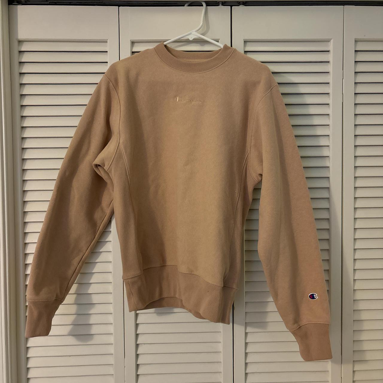 Champion Reverse Weave Crewneck in tan and brown... - Depop
