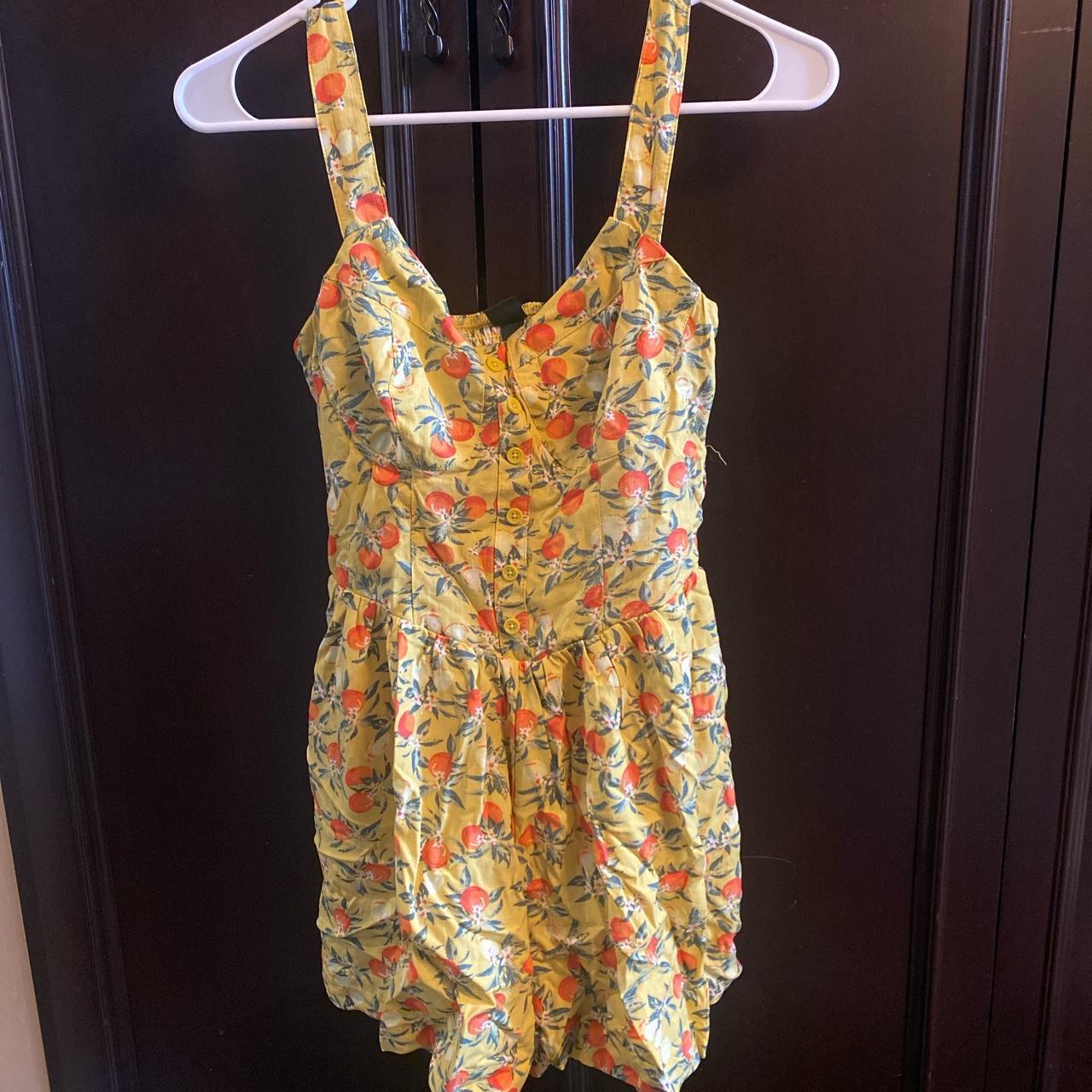 Wild Fable Yellow Romper with Orange and Flower... - Depop