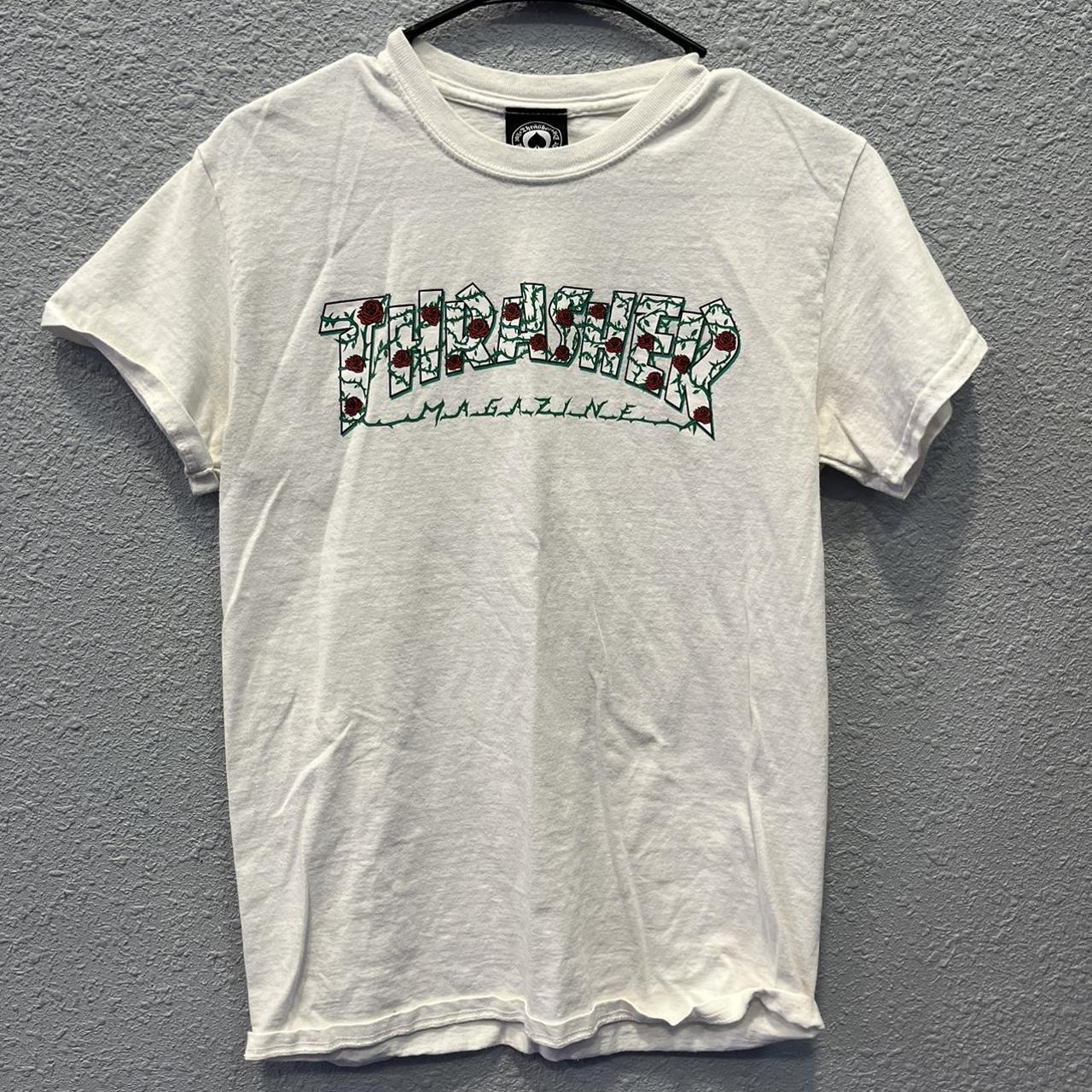 Unisex Thrasher Magazine Rose Pattern White Tee... - Depop
