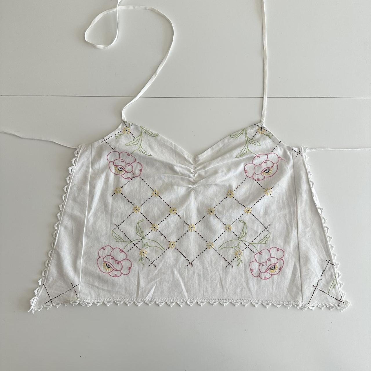 handmade white floral embroidered open back halter... | Depop