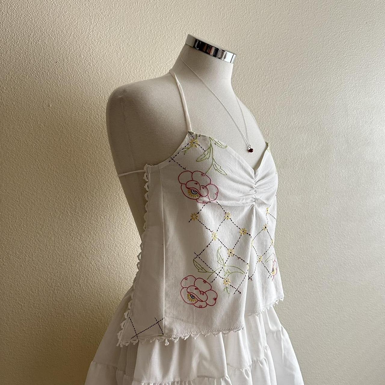 handmade white floral embroidered open back halter... | Depop