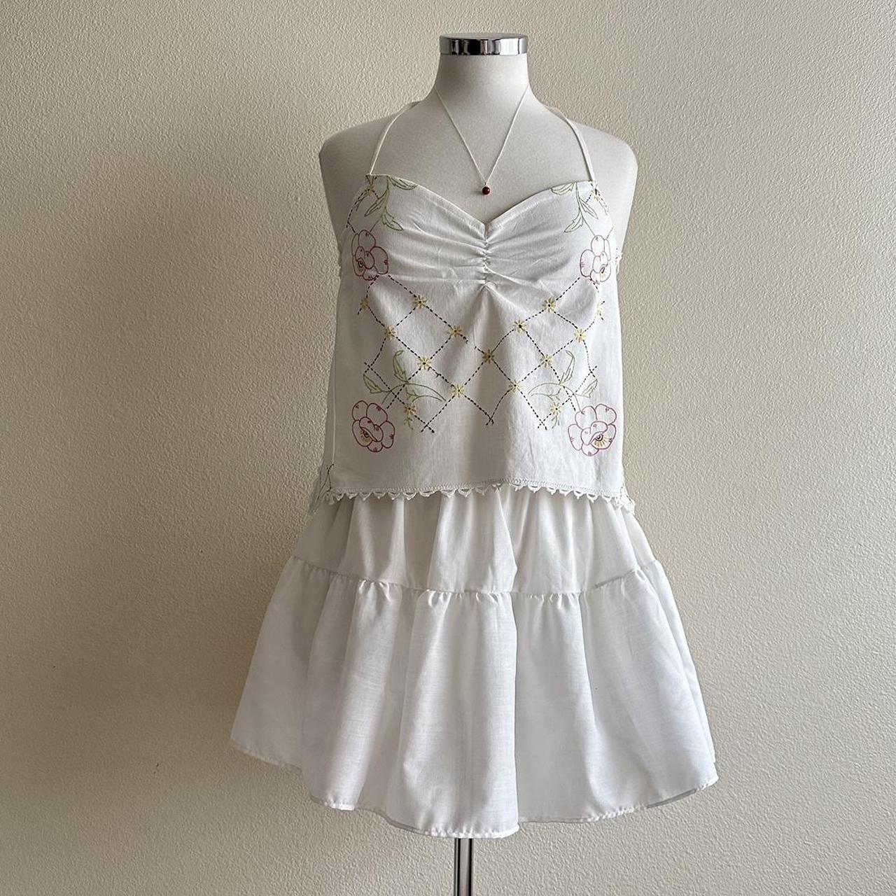 handmade white floral embroidered open back halter... | Depop