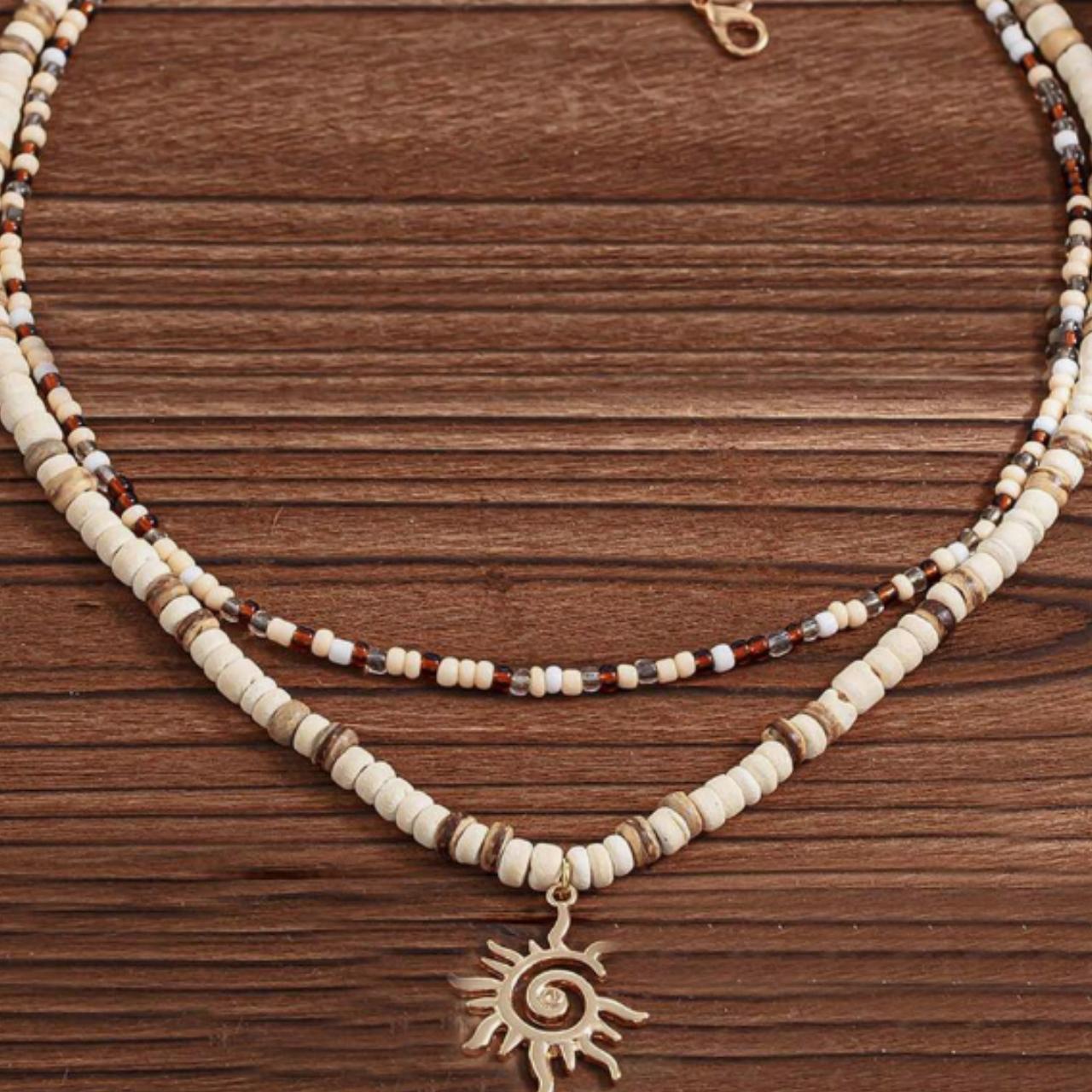 calm shell surfer necklace - crafted from wood beads... | Depop