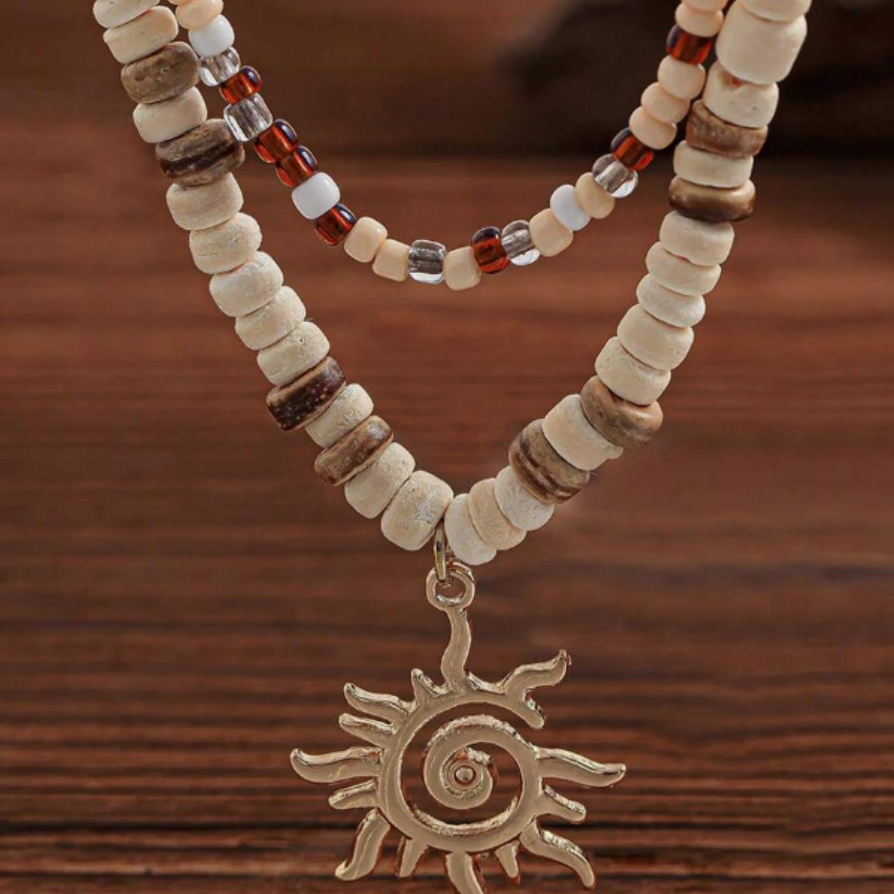 calm shell surfer necklace - crafted from wood beads... | Depop