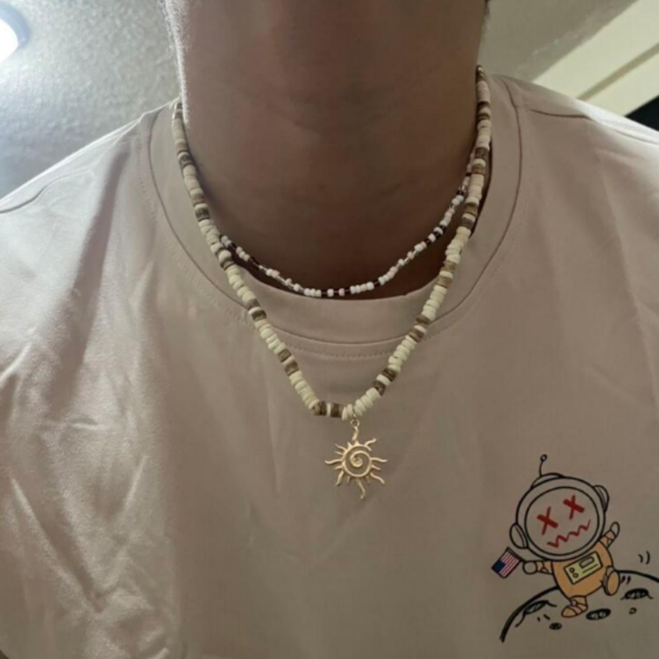 calm shell surfer necklace - crafted from wood beads... | Depop