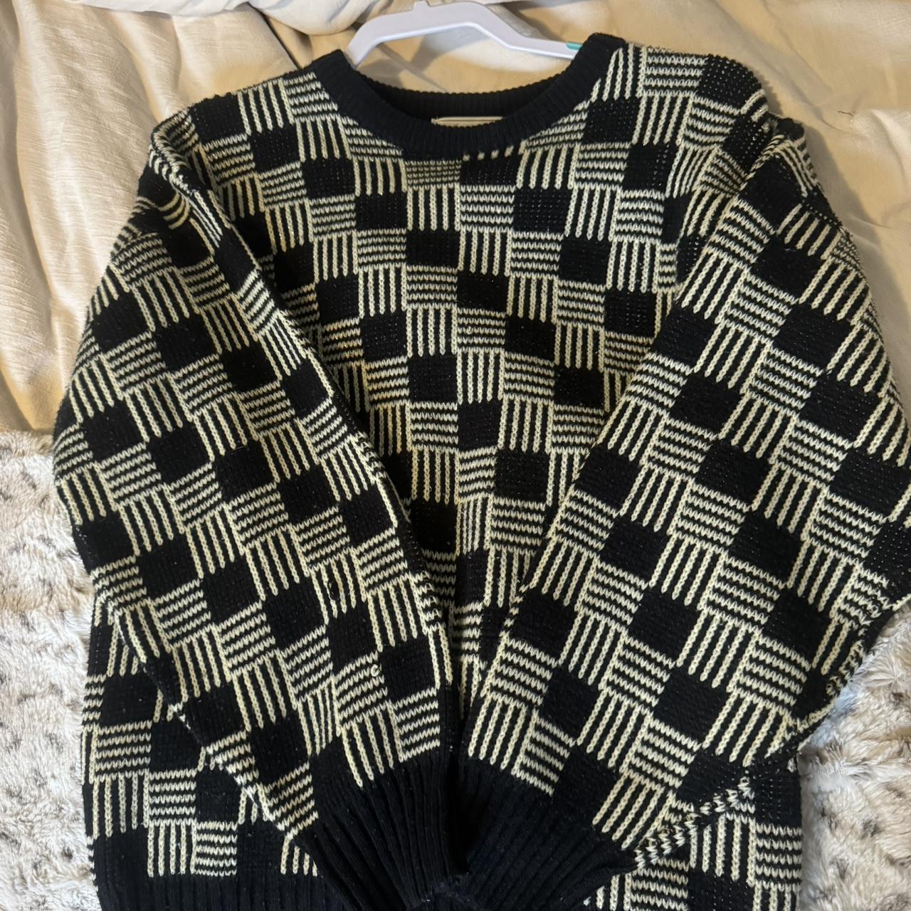 Black and white checkered pattern knit sweater... - Depop