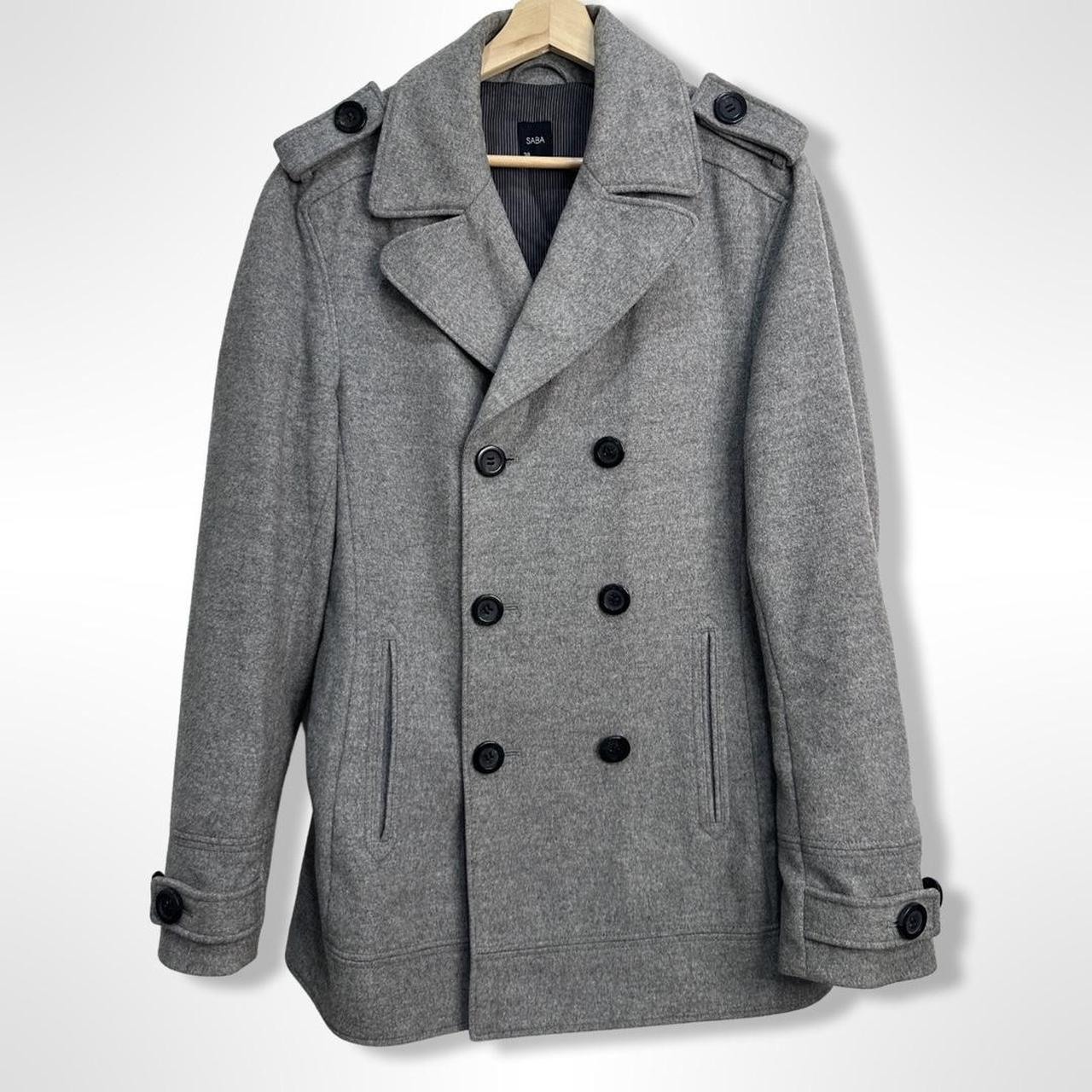 SABA men’s wool/cashmere pea coat grey size... - Depop