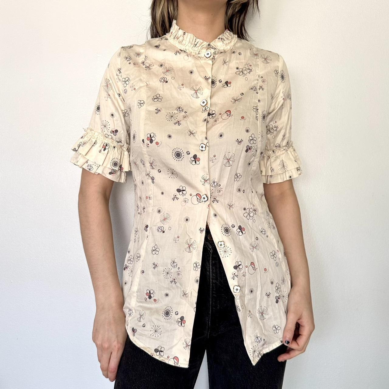 Vintage 70s style cream floral button down ruffled... - Depop