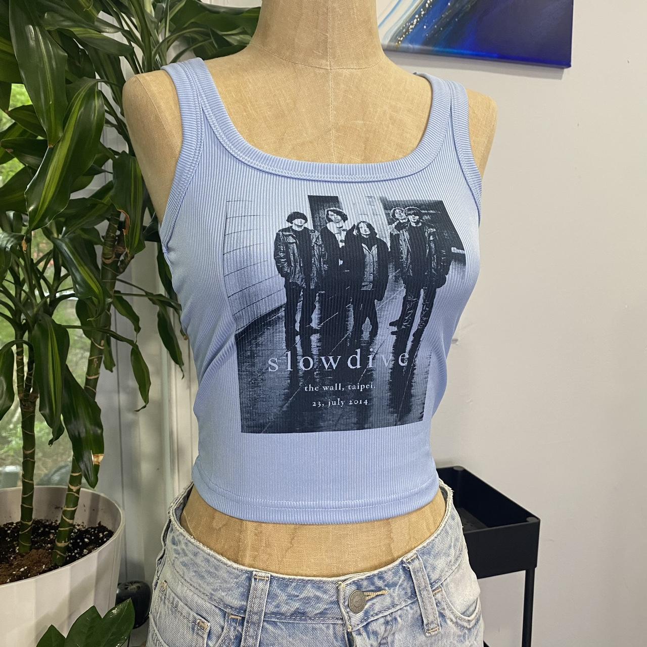 light blue ribbed scoop neck tank top with slowdive... - Depop