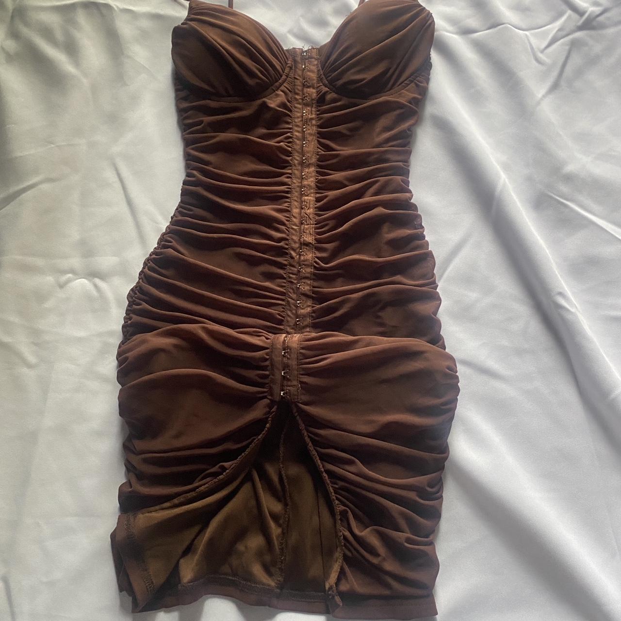 Brown corset style dress with a slit and... - Depop