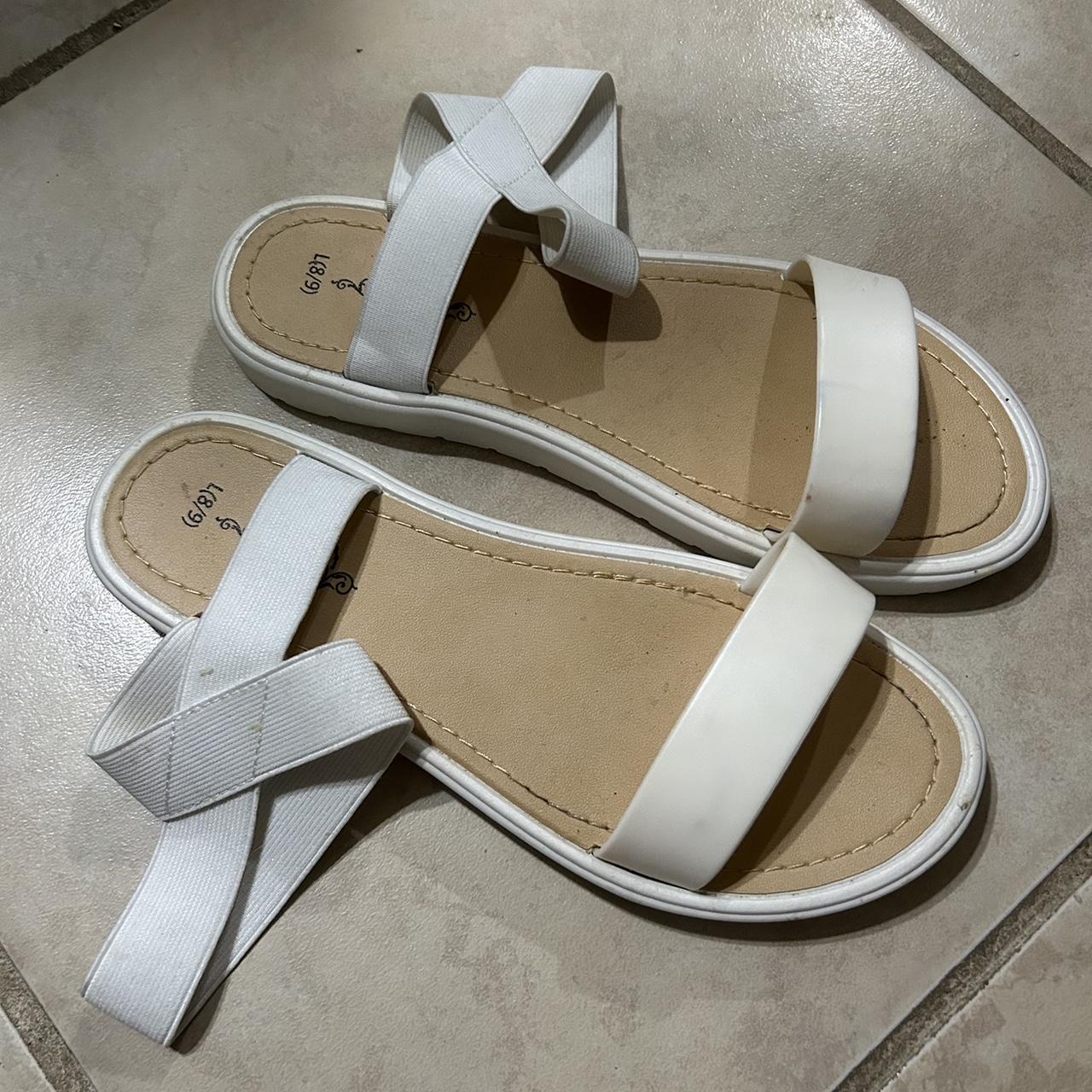 White and beige simple sandals. They say size 8-9,... - Depop