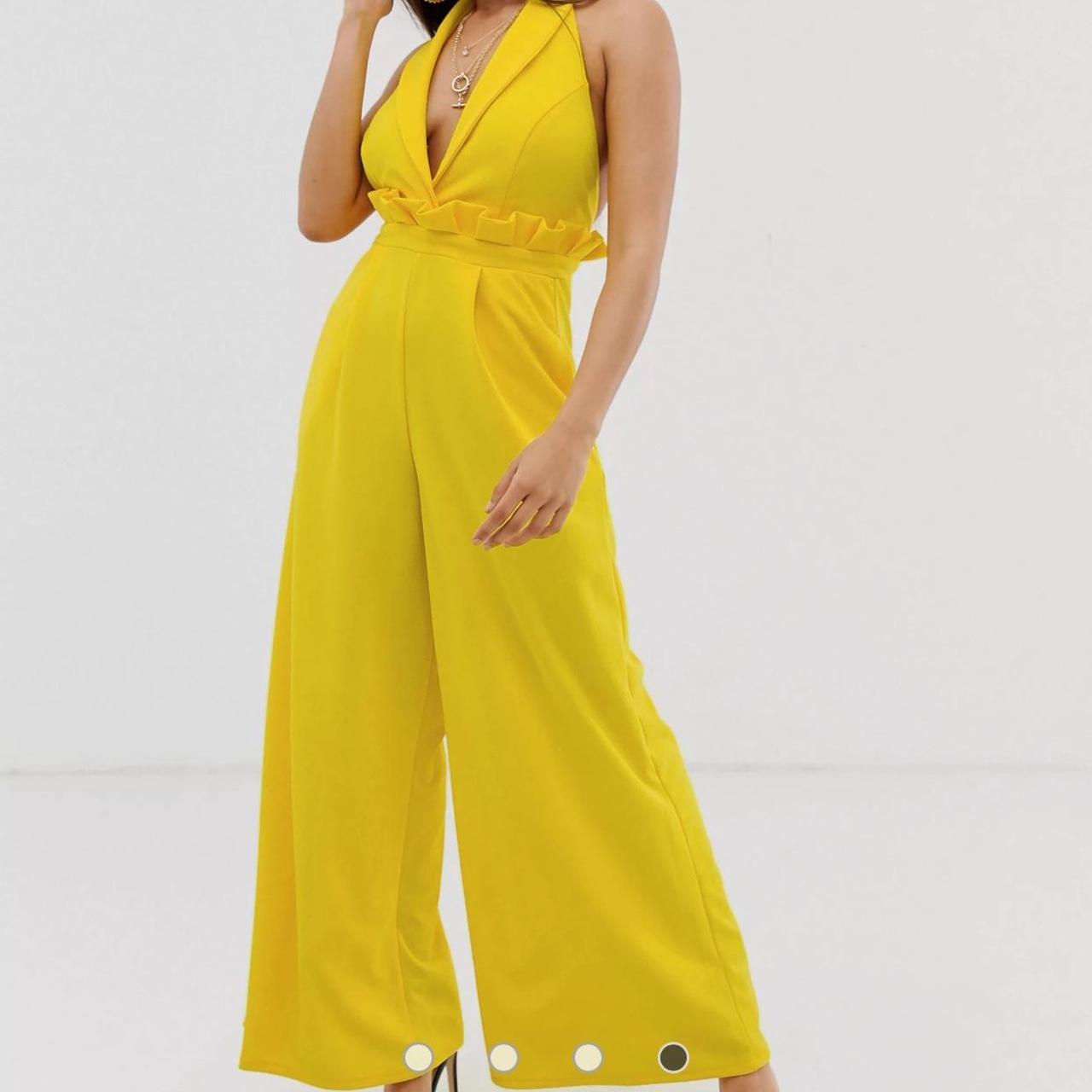 ASOS Petite Yellow Ruffle Halterneck Jumpsuit - Depop