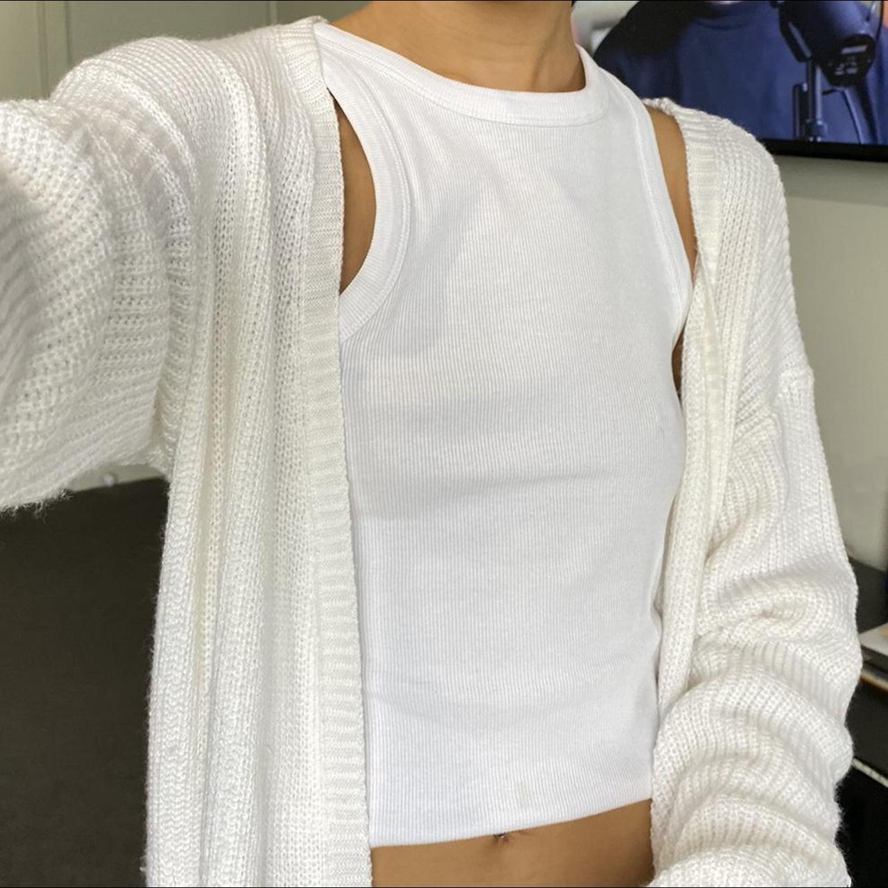 long knitted cardi labelled size S/M modelled on... - Depop