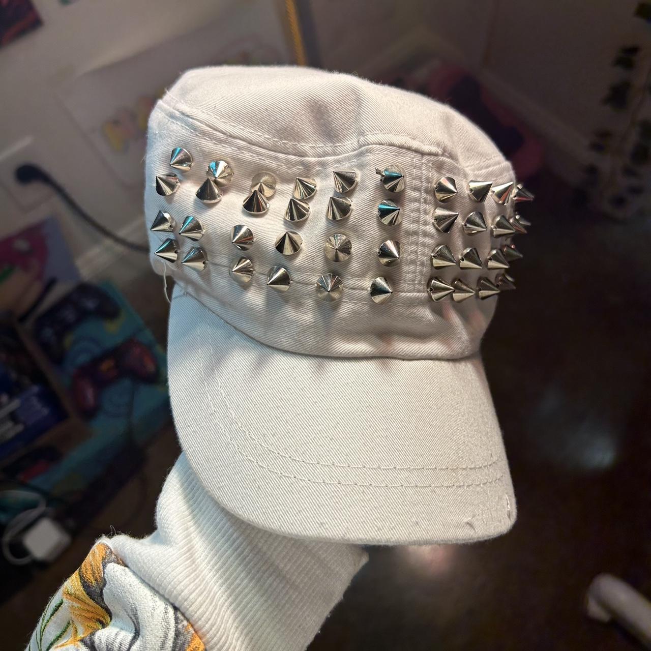 White unisex busboy silver spiked cap, with Velcro... | Depop