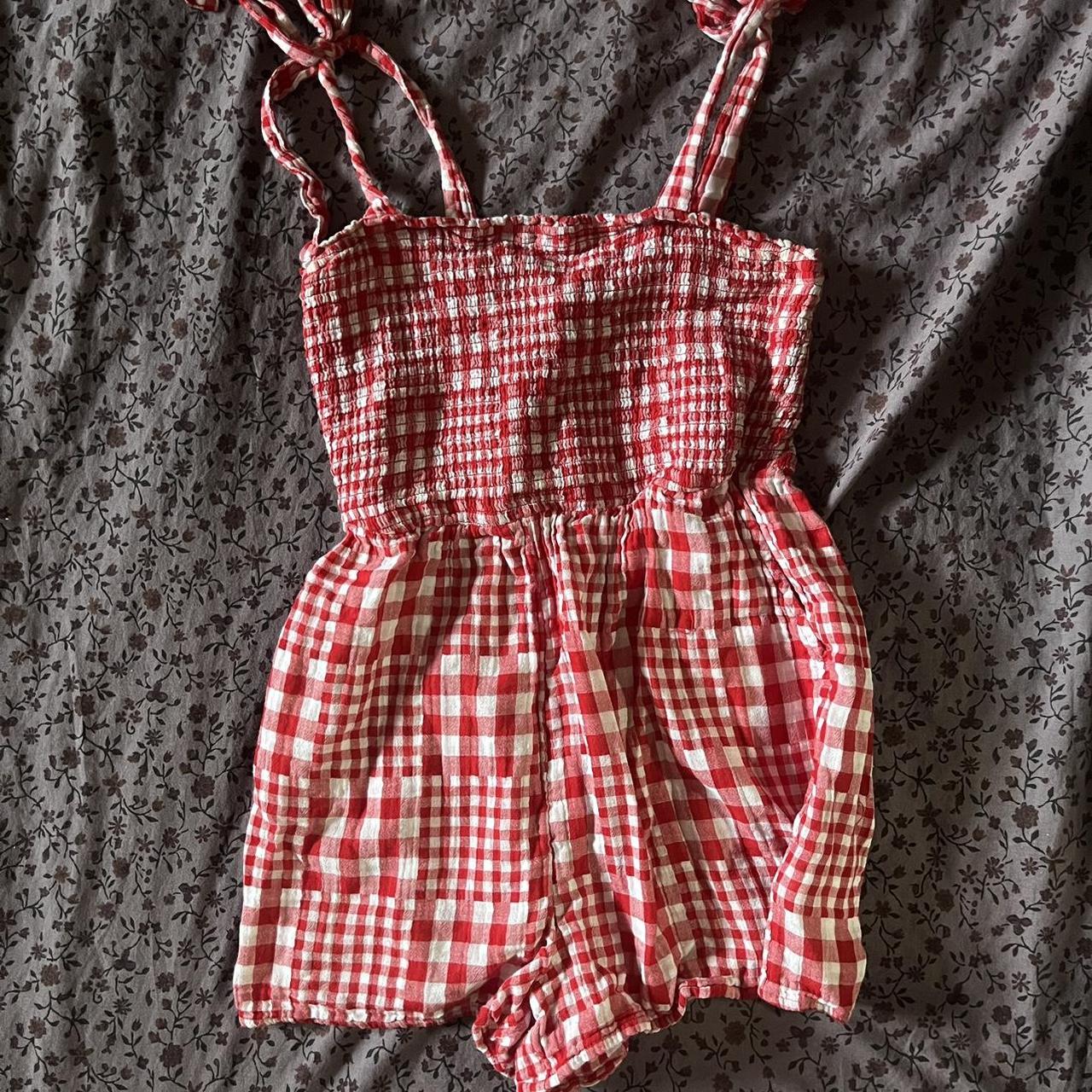 Red and white gingham romper with adjustable straps... - Depop