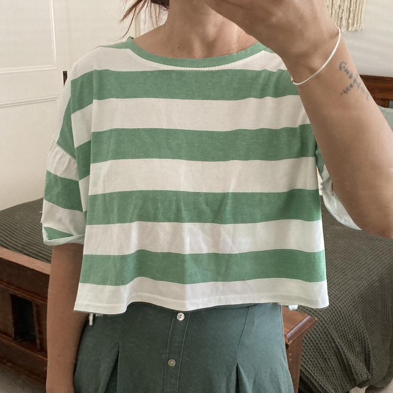 Vintage green striped boxy tee. Cropped length with... - Depop