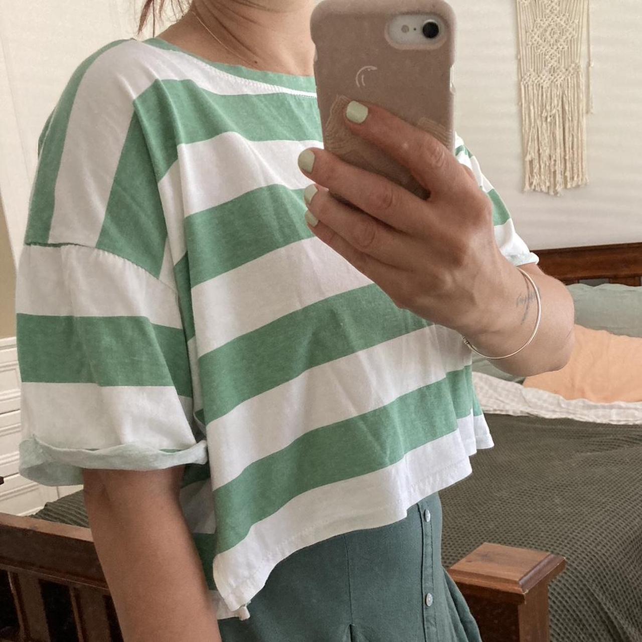 Vintage green striped boxy tee. Cropped length with... - Depop