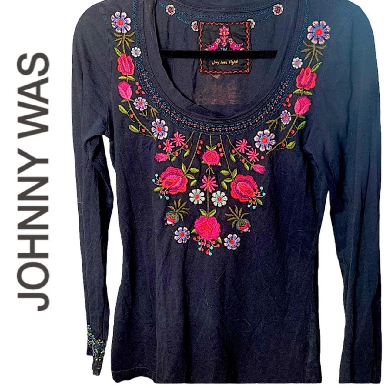 Johnny Was Long Sleeve V-Neck Embroidered Tee, Boho,... - Depop