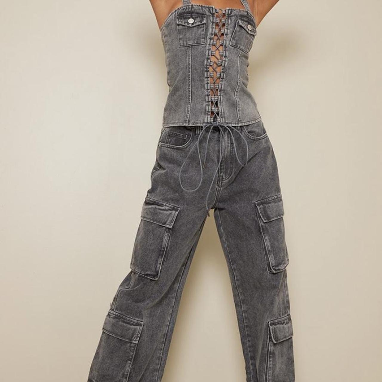 Grey acid wash lace up denim top and cargos from... | Depop