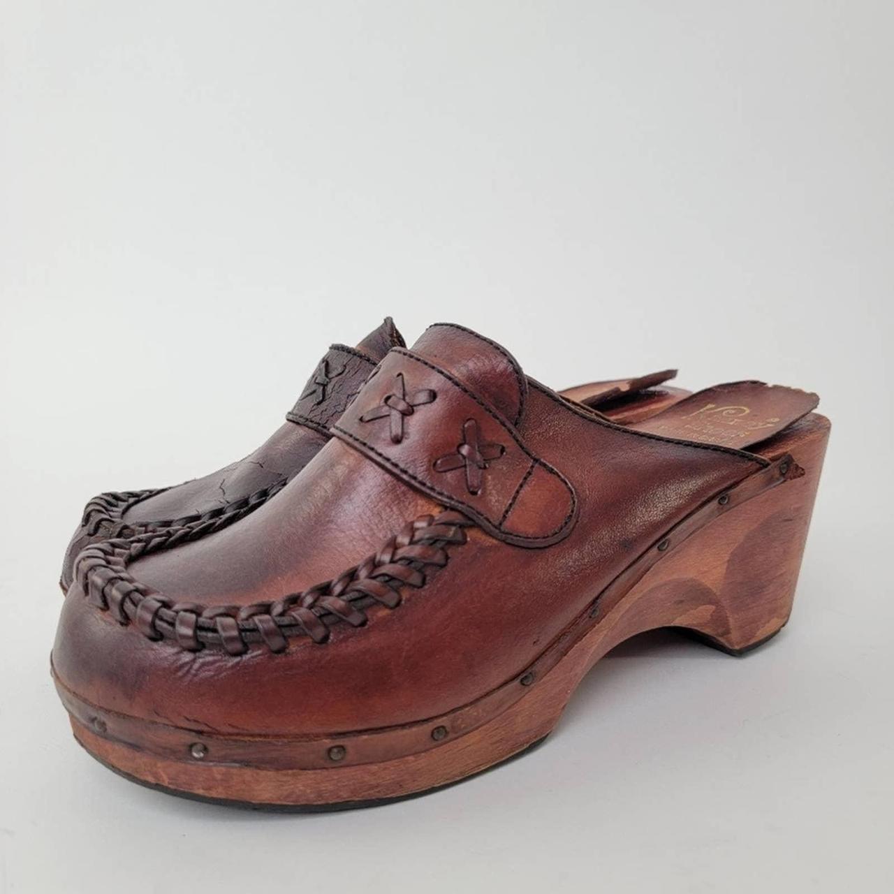 70s Platform Clog Sandals Wood Heels Leather Made... - Depop