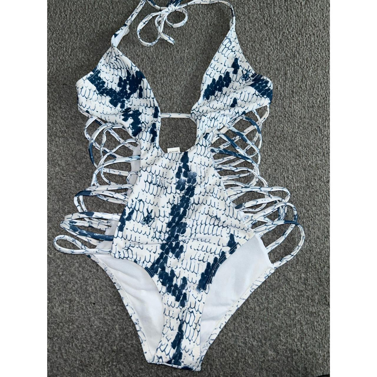 ASOS white and blue anal print cut out swimsuit... - Depop