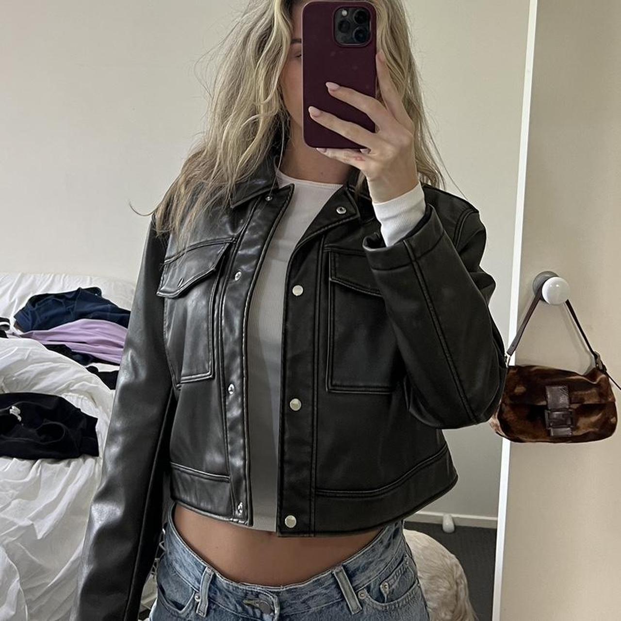 Zara cropped brown leather jacket Only worn once - Depop