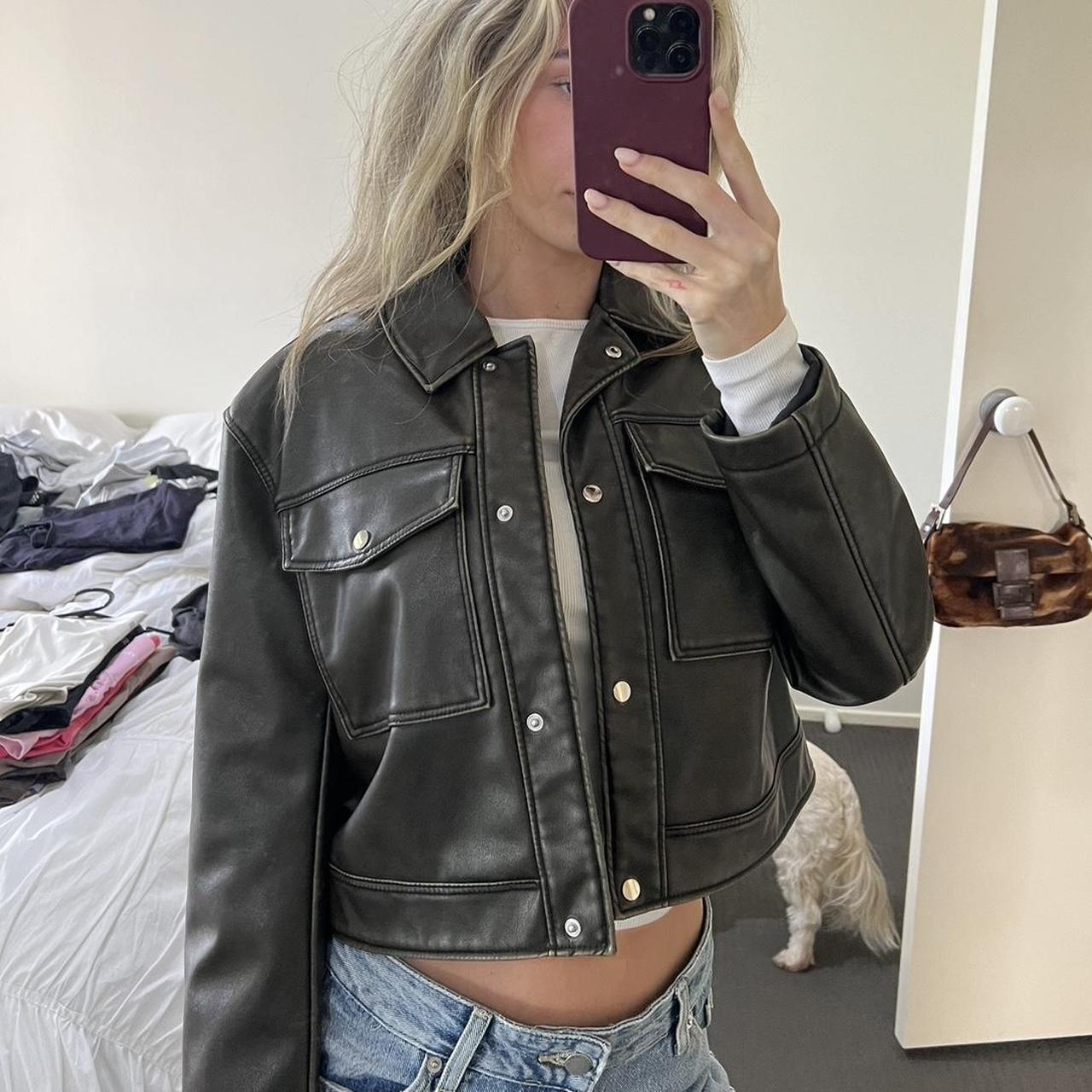 Zara cropped brown leather jacket Only worn once - Depop