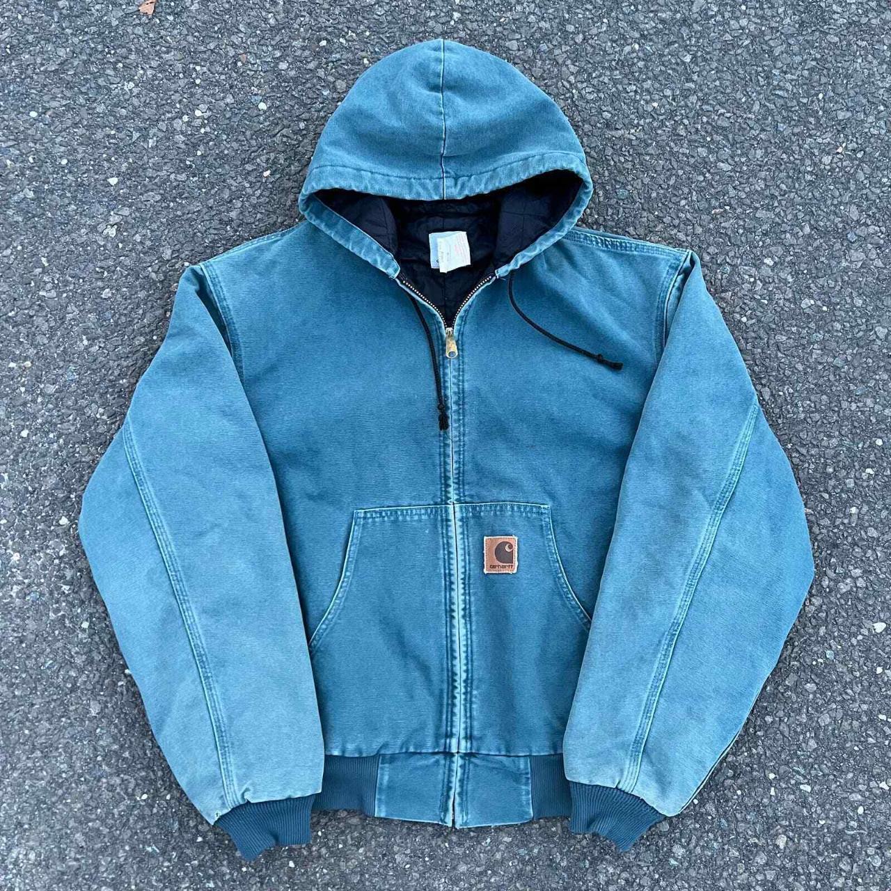Vintage crazy faded light blue teal Carhartt hooded... - Depop