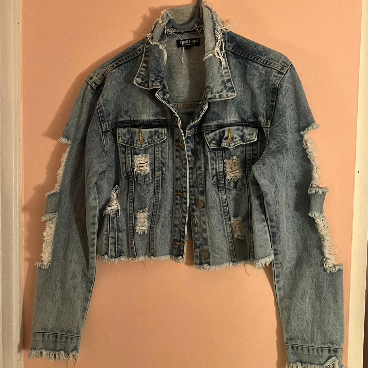 Cropped light blue distressed denim... - Depop