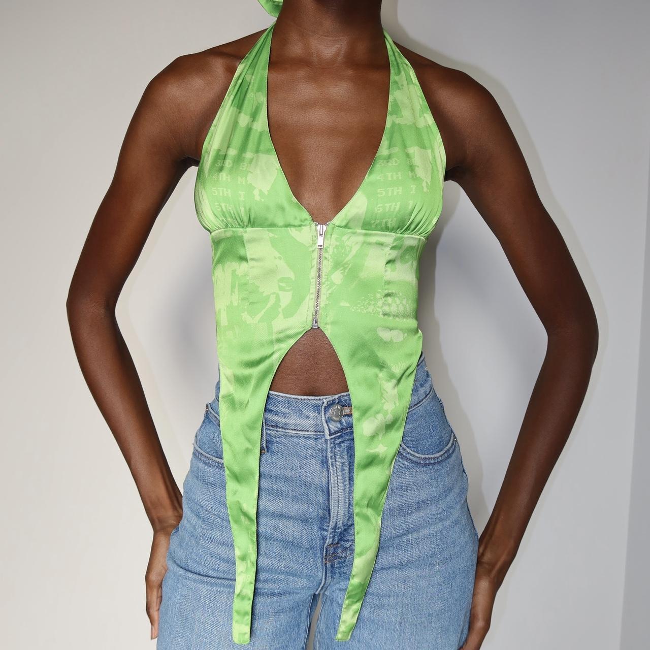 neon green halter top front zip with split hem &... - Depop