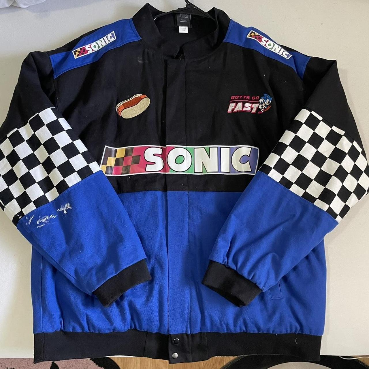 sonic the hedgehog racecar jacket size xl, small... - Depop