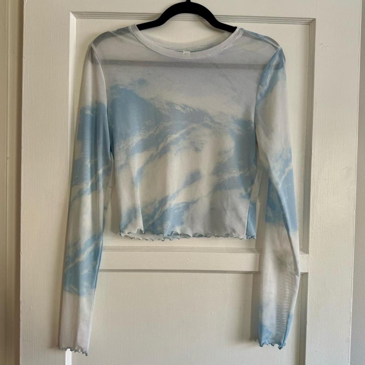 BLUE + WHITE CLOUD SHEER LONG SLEEVE CROP-TOP BP... - Depop