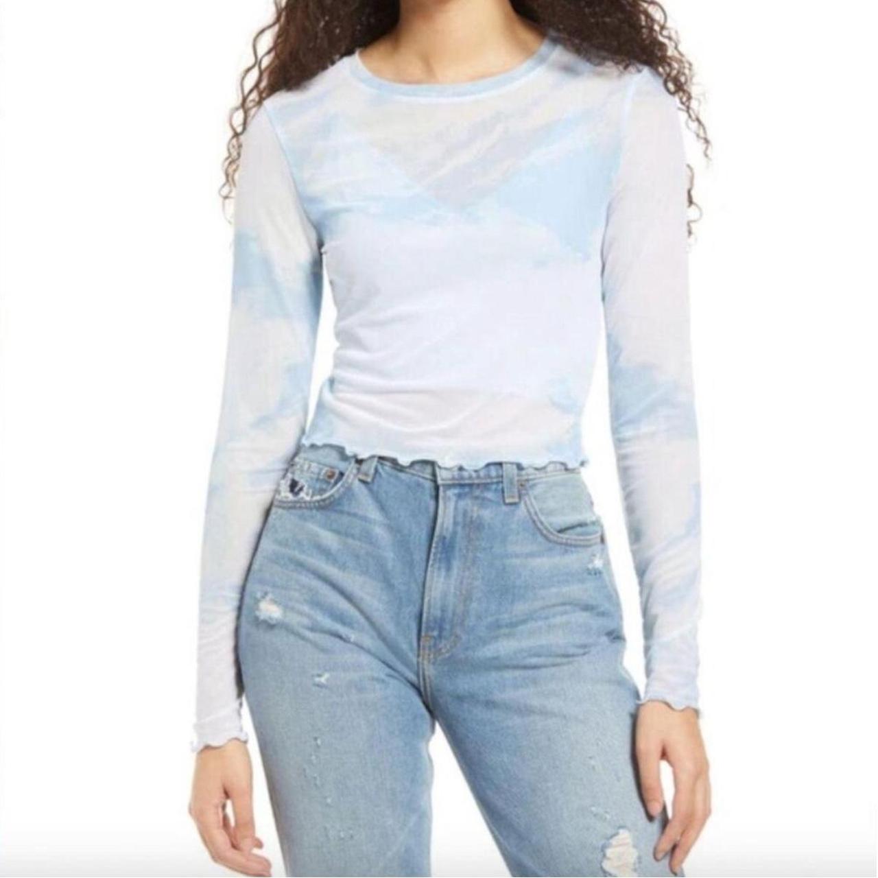 BLUE + WHITE CLOUD SHEER LONG SLEEVE CROP-TOP BP... - Depop