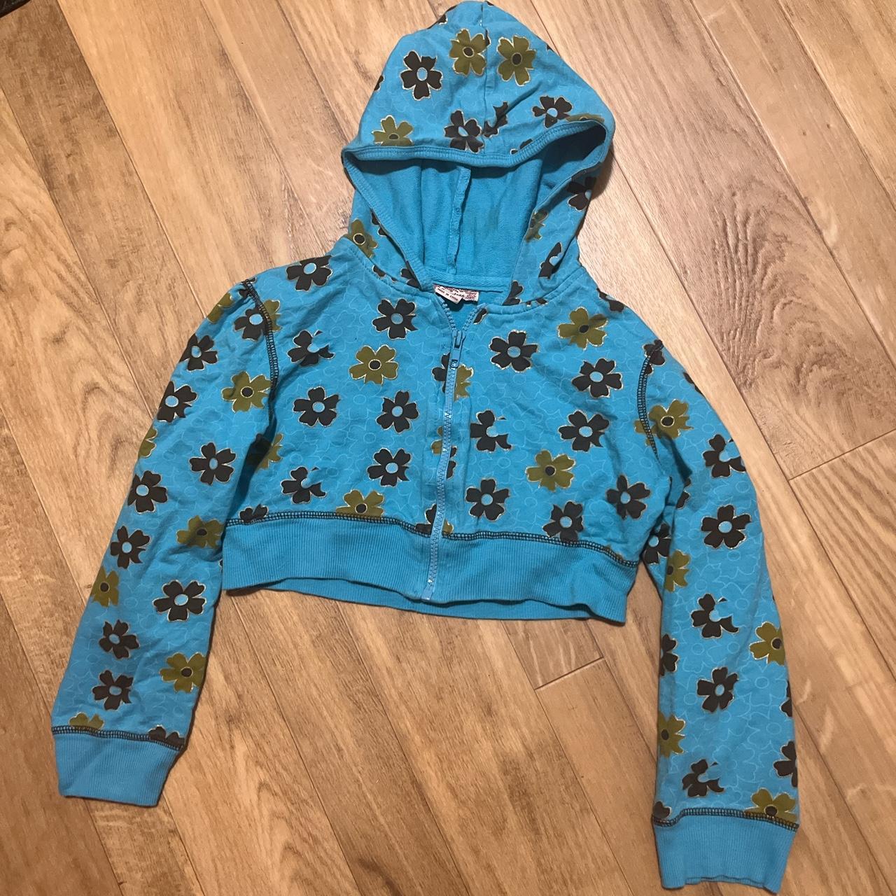 Vintage early 2000s Y2K zip up blue floral cropped... - Depop