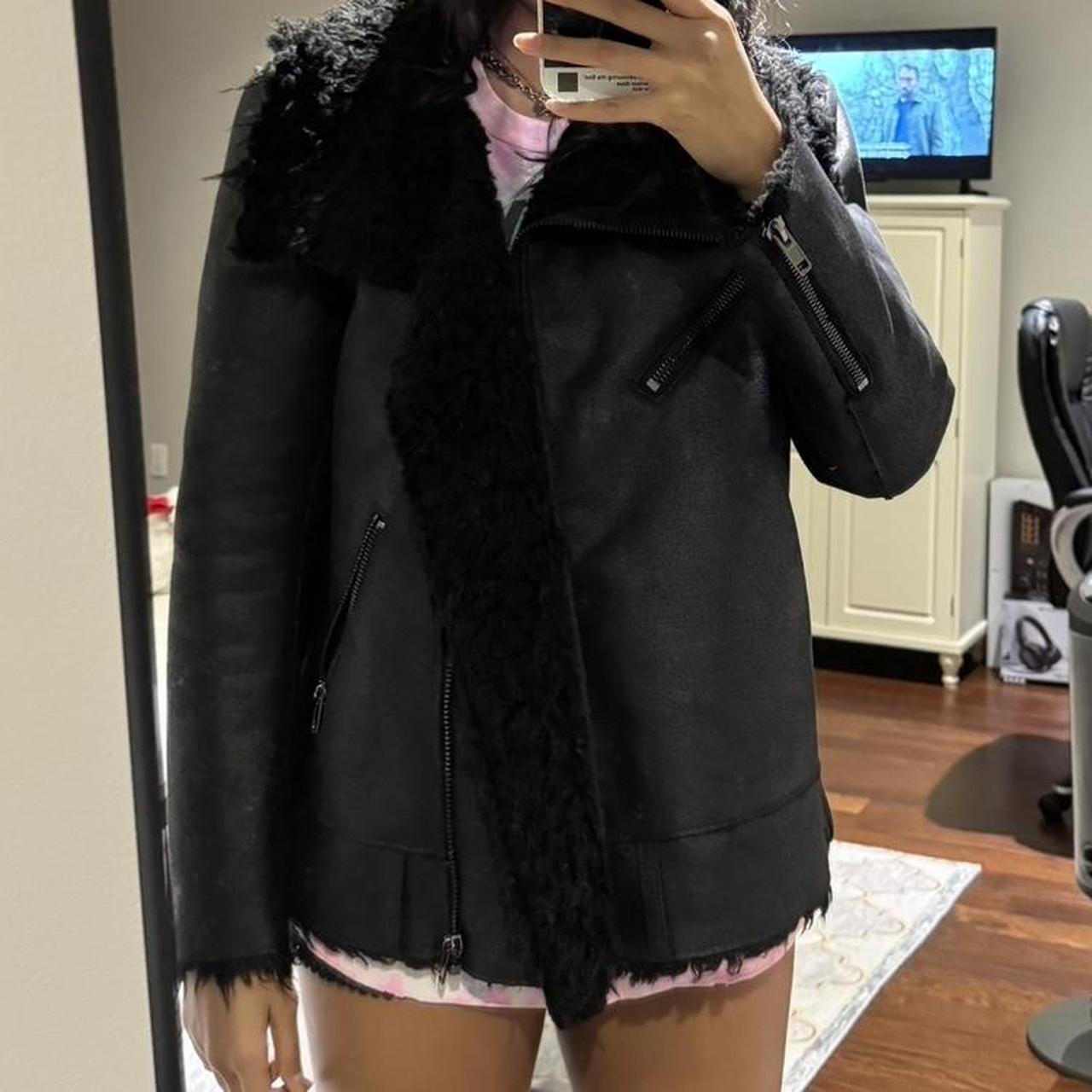 Black shearling lines biker jacket from H&M Outer... - Depop