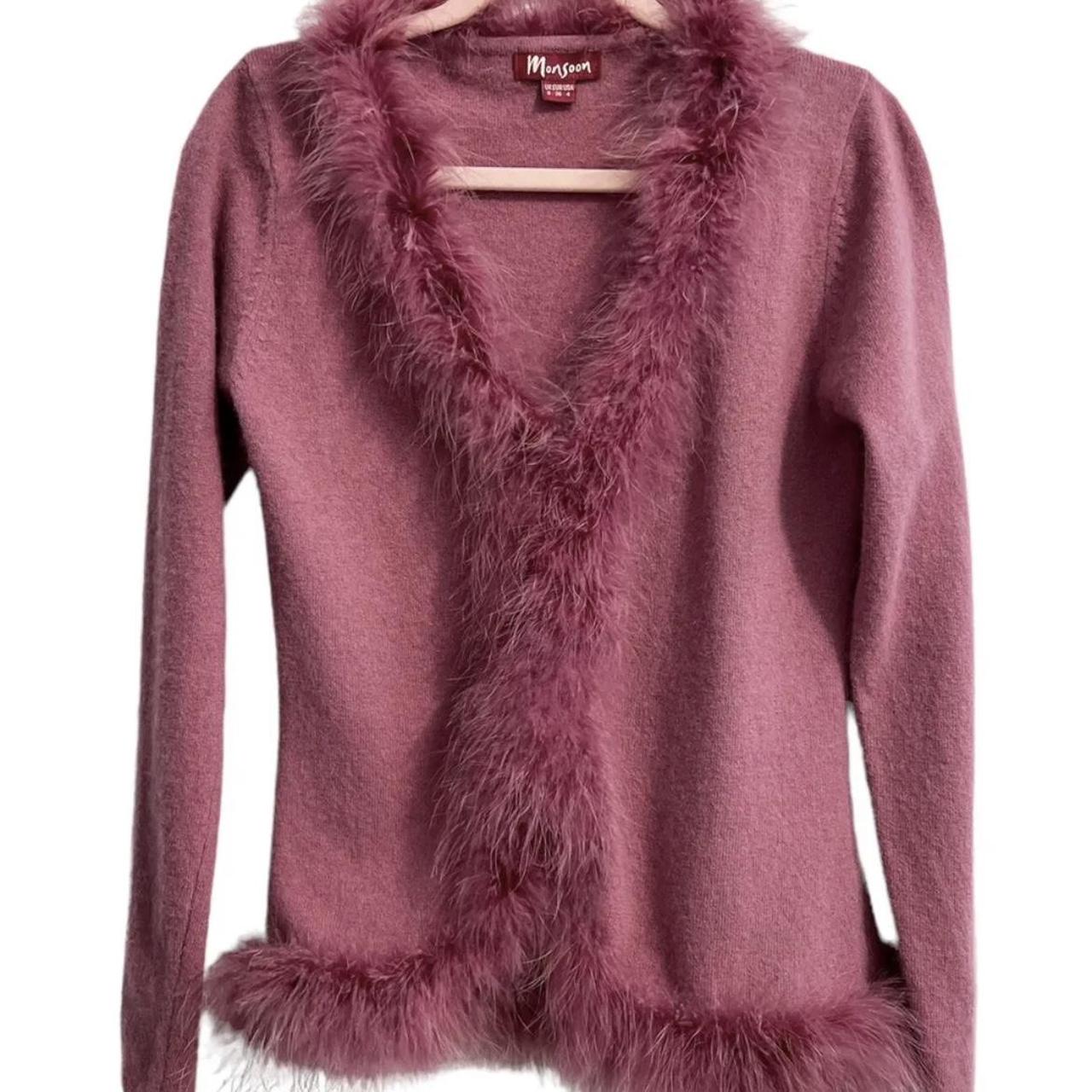 90s Monsoon Pink Lambswool Angora Fur Cardigan UK8... - Depop