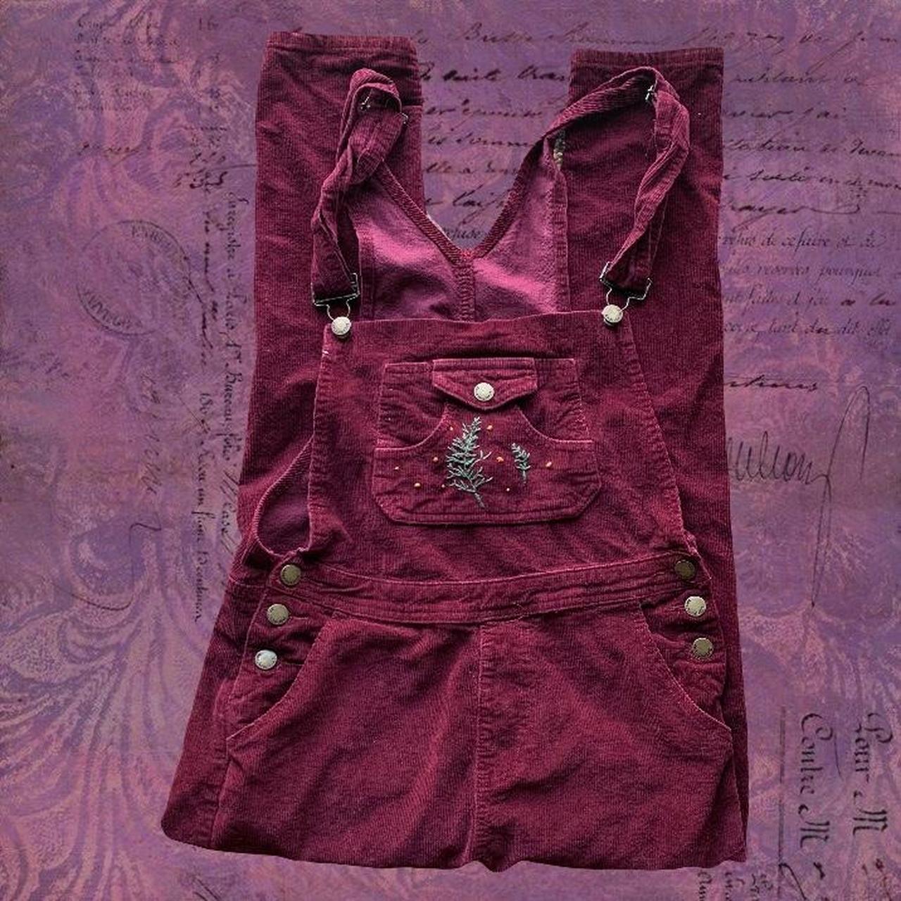 Burgundy corduroy overalls with embroidered fern... | Depop