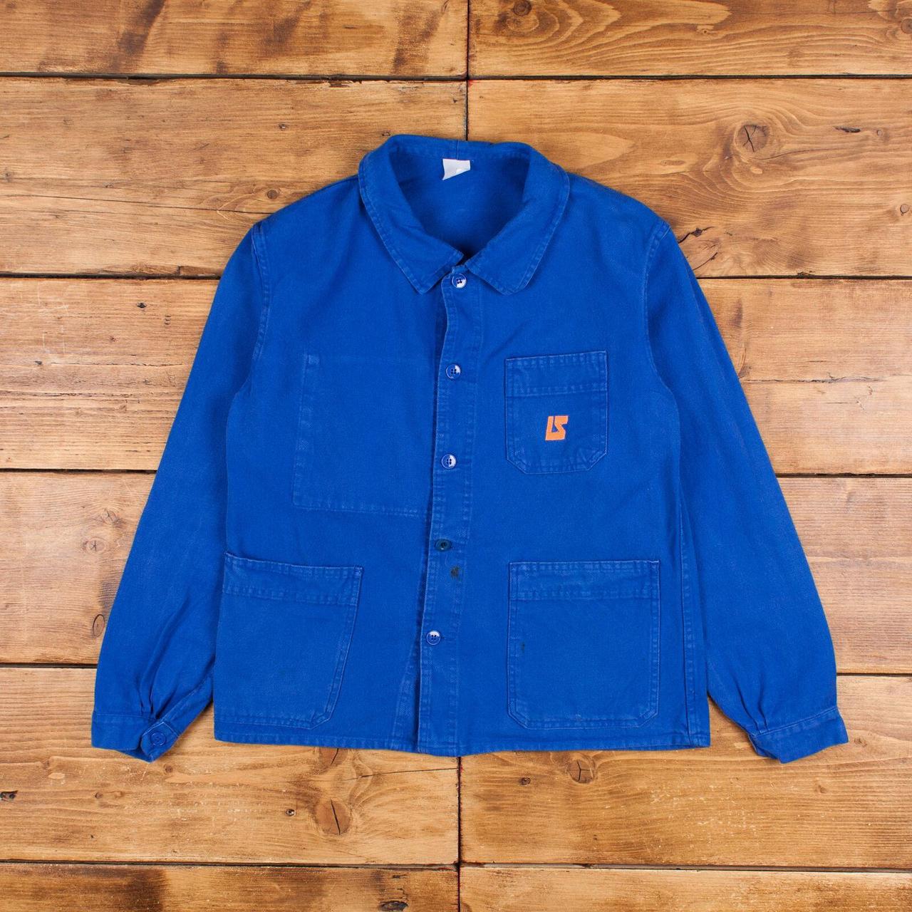 Vintage French Workwear Jacket M Blue Button Chore... - Depop
