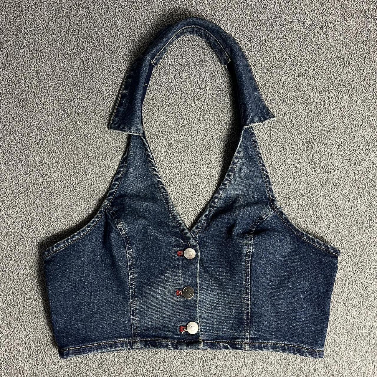 Blue denim halter crop top vest with buttons #croptop - Depop