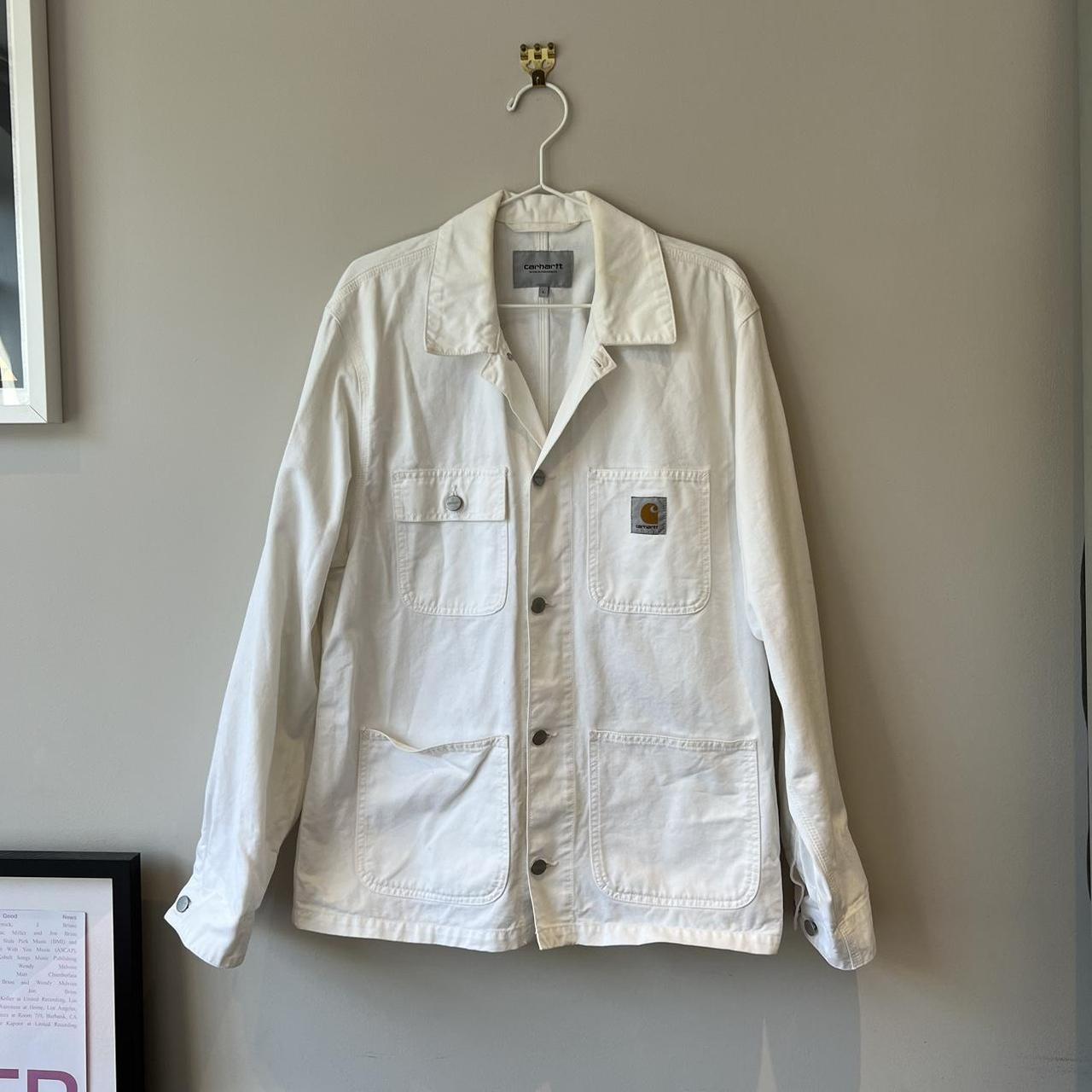 White/cream Carhartt jacket large Well worn item -... - Depop