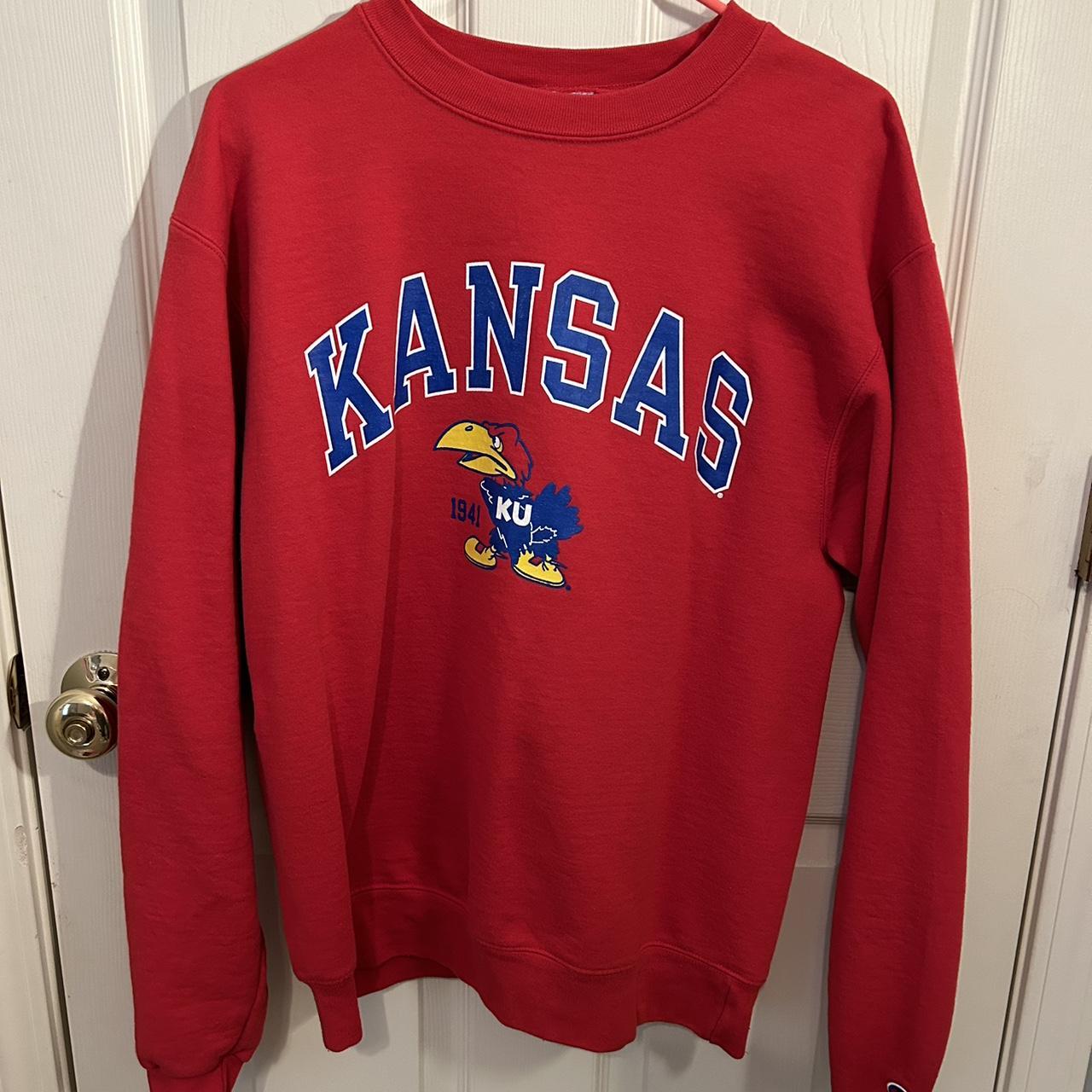 medium red kansas Jayhawks sweatshirt, used but... - Depop