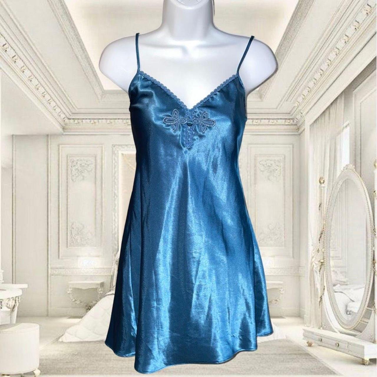 Vintage Teal Blue Chemise Women Medium Negligée... - Depop
