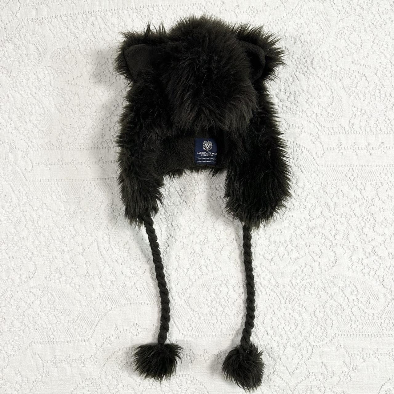 Deep brown black faux fur animal trapper hat with... | Depop