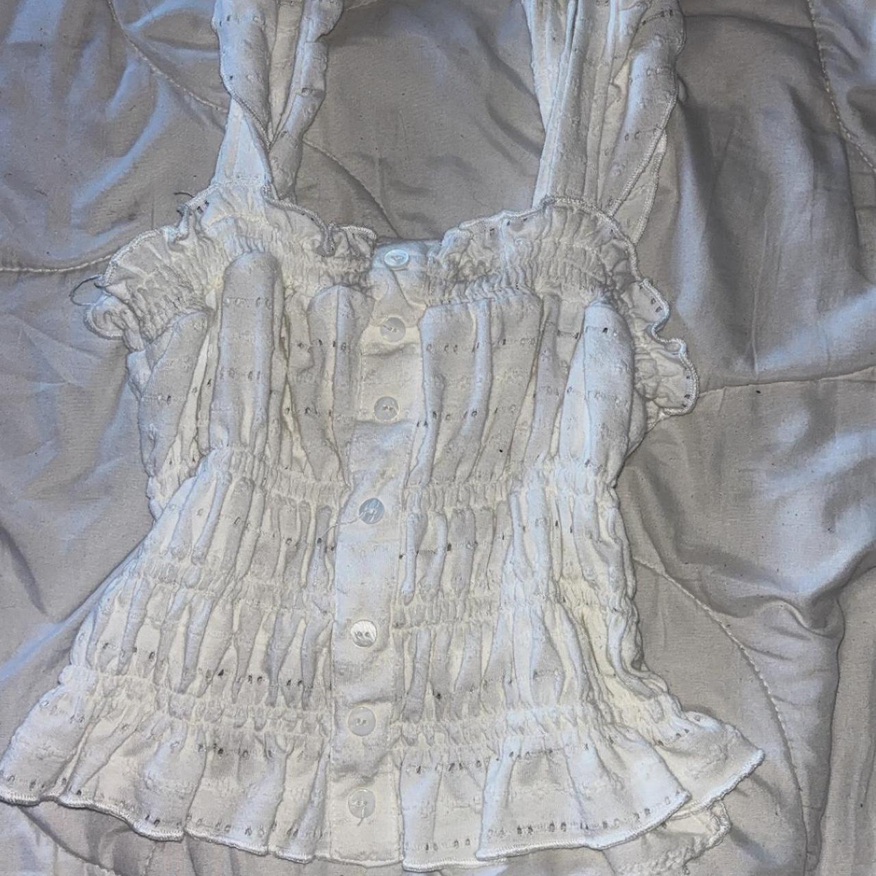 Cropped Cute white ruffle top with button detailing... | Depop