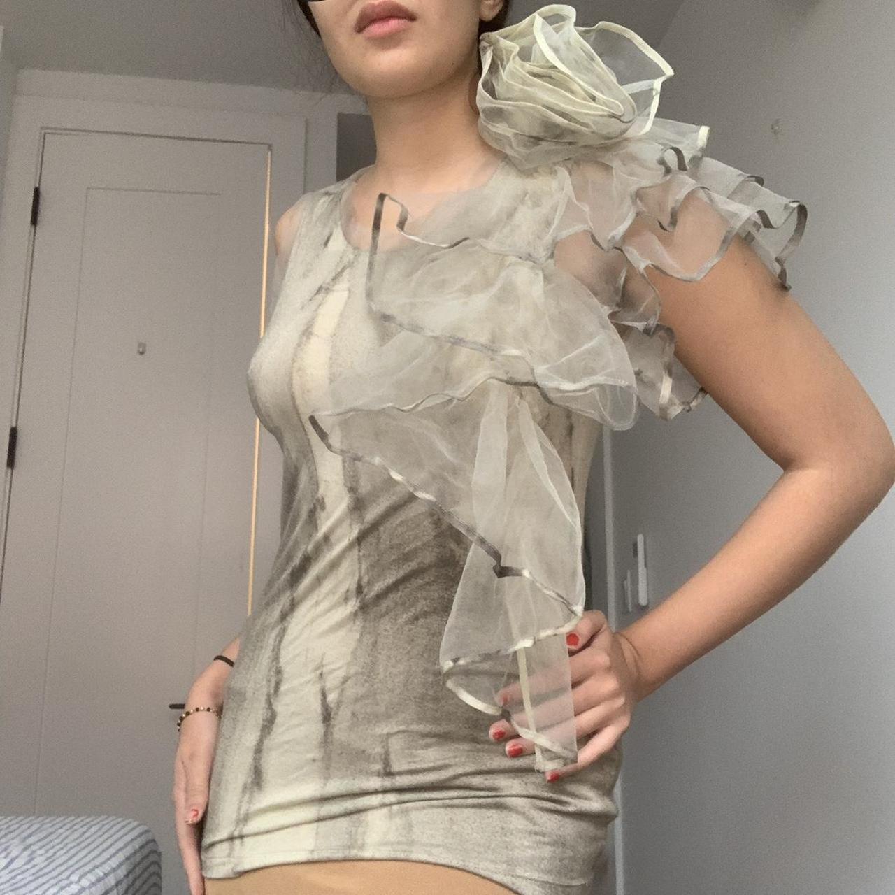 Valentino top with flower made of ribbon, grey... - Depop