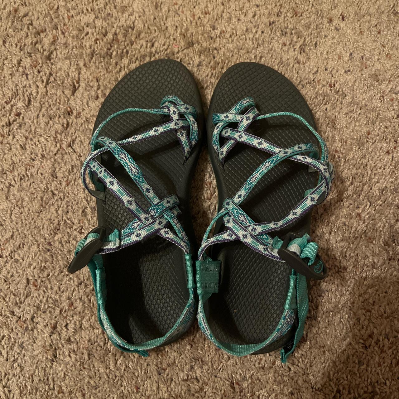 Chaco sandals with toe loop V cute green and blue... | Depop