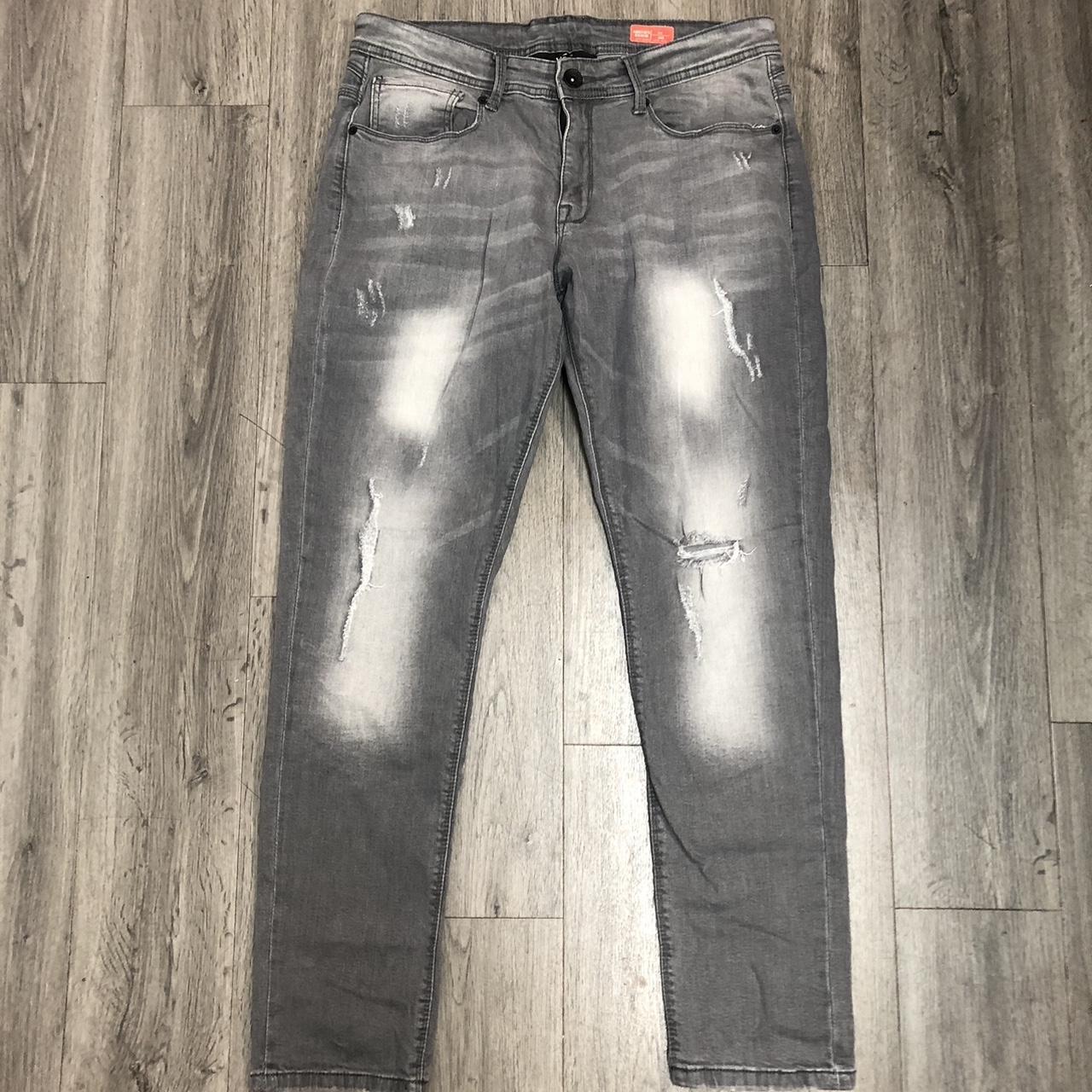 Grey Denim Distressed washed jeans - Distress... - Depop