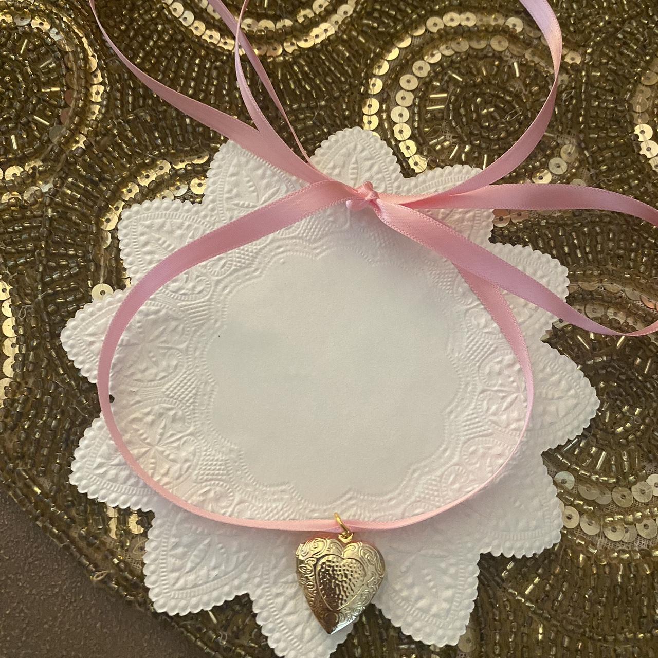 PINK RIBBON COQUETTE GOLD HEART LOCKET CHOKER... - Depop