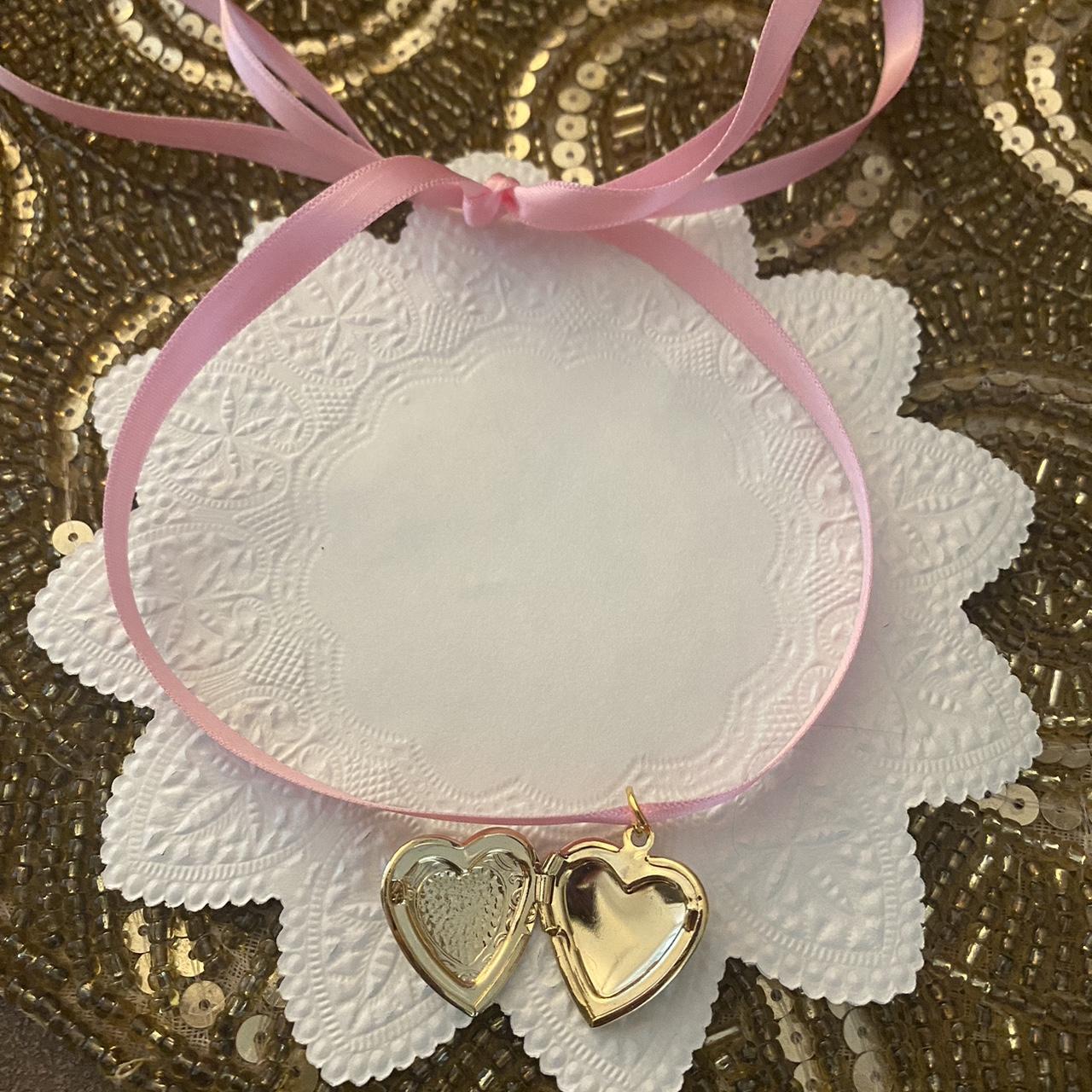 PINK RIBBON COQUETTE GOLD HEART LOCKET CHOKER... - Depop